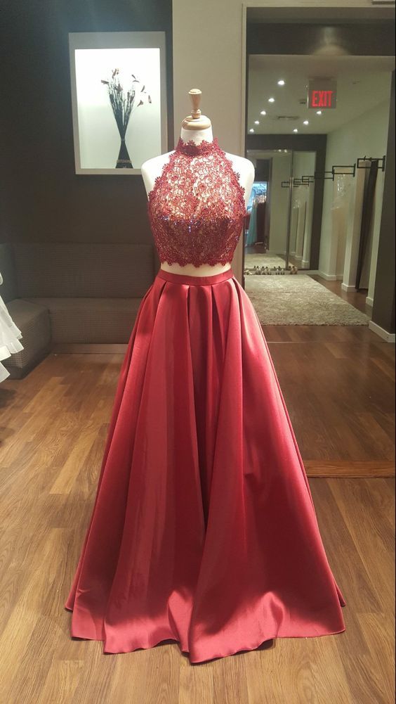 Halter Dark Red Satin Long Prom Dress With Lace,evening Party Gown ...