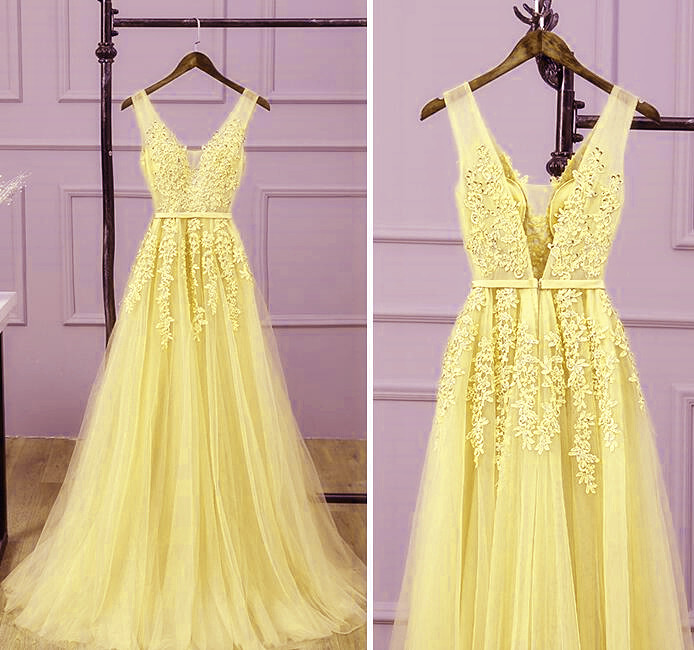 Beautiful Yellow Long Formal Gown, A-line Tulle Yellow Prom Dresses ...