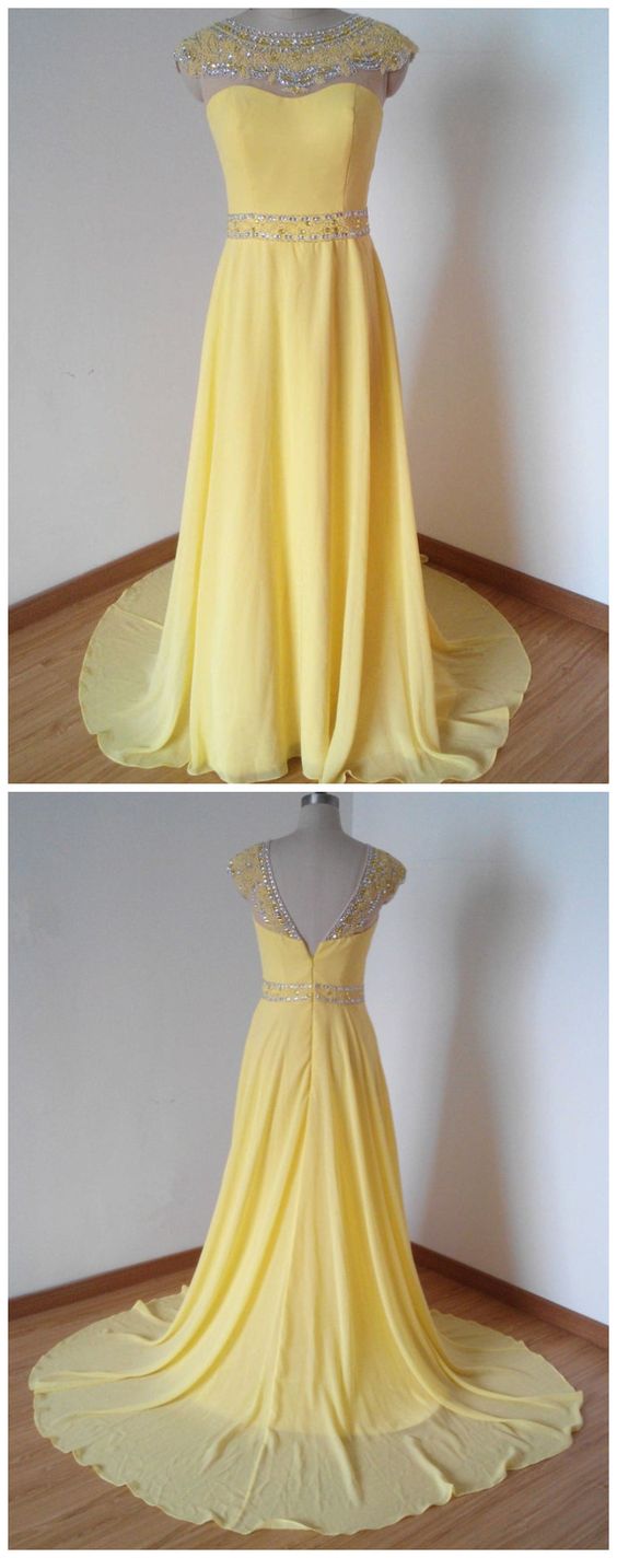 Long Prom Dress, Prom Dress, V-back Prom Dress, Yellow Prom Dress ...