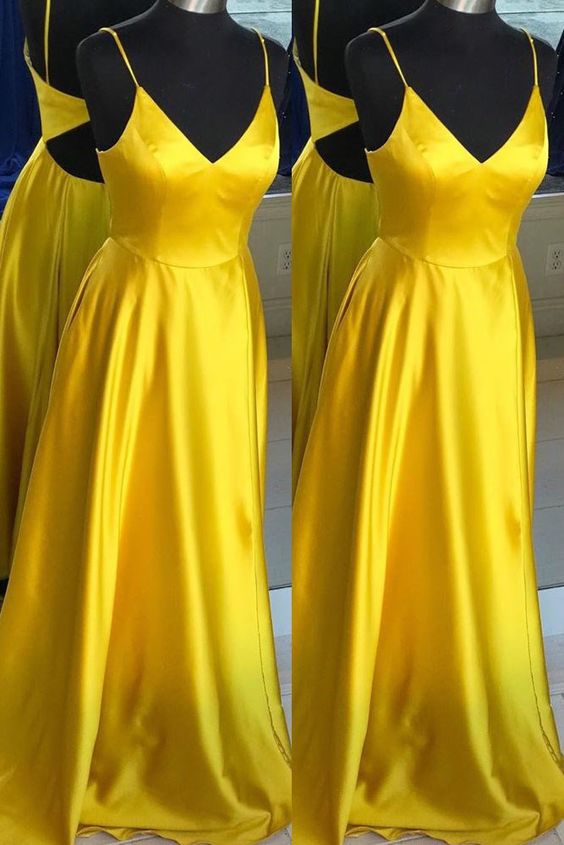 Simple A-line Straps Yellow Long Prom Dress M3165 on Luulla