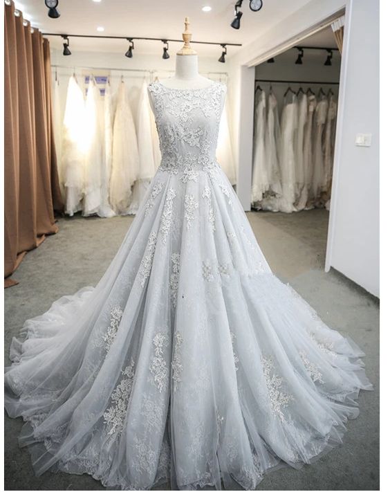 Light Sliver Grey Round Neckline Long Formal Gown, Grey Tulle Prom ...