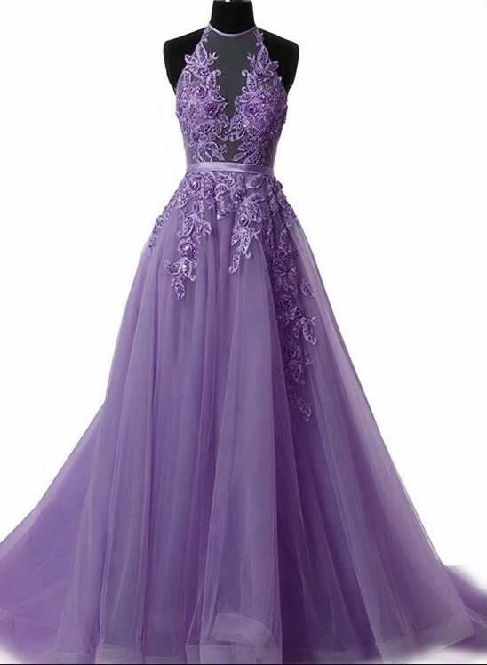 Light Purple Halter Neck Lace Prom Dress With Sweep Train, Backless ...