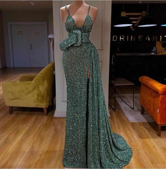 Shinning Sequined Prom Dresses With Spaghetti Straps High Side Split ...