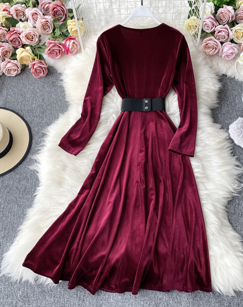 Elegant V Neck Velvet Long Sleeve Dress Women's Dress on Luulla