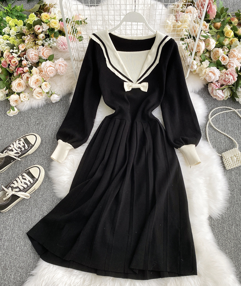 Black Navy Style Knitted Dress Long Sleeve Dress on Luulla