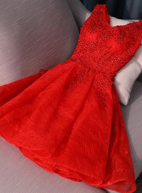 Lovely Red Short V-neckline Lace Homecoming Dress, Red Short Prom Dress ...