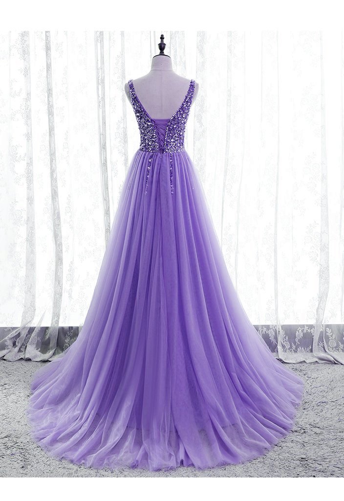 Purple Beaded V-neckline Tulle Sparkle Party Dress Evening Dress ...