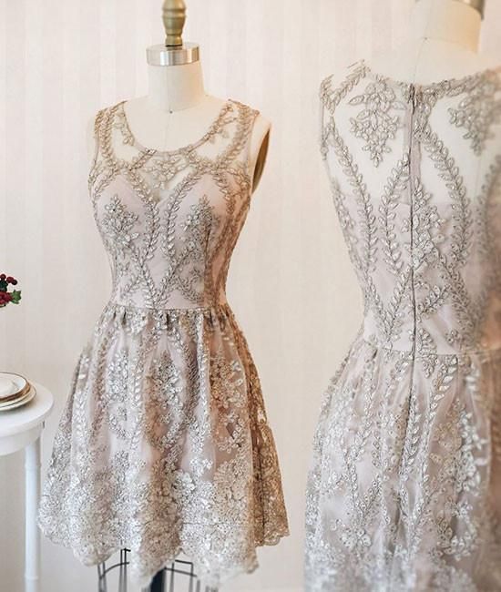 Cute Round Neck Lace Short Prom Dress, Homecoming Dress, Bridesmaid ...