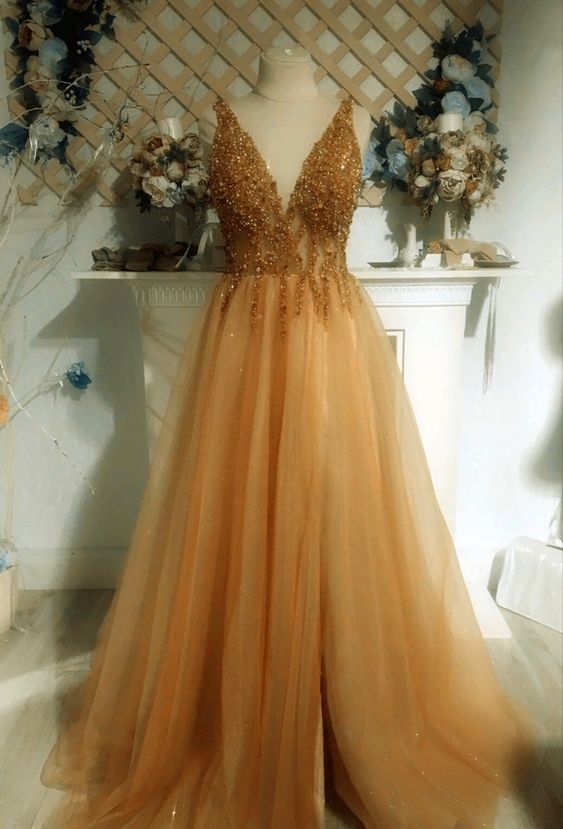 Long Gold Tulle Prom Dresses Sequins Beaded V Neck Split Formal Gown on ...