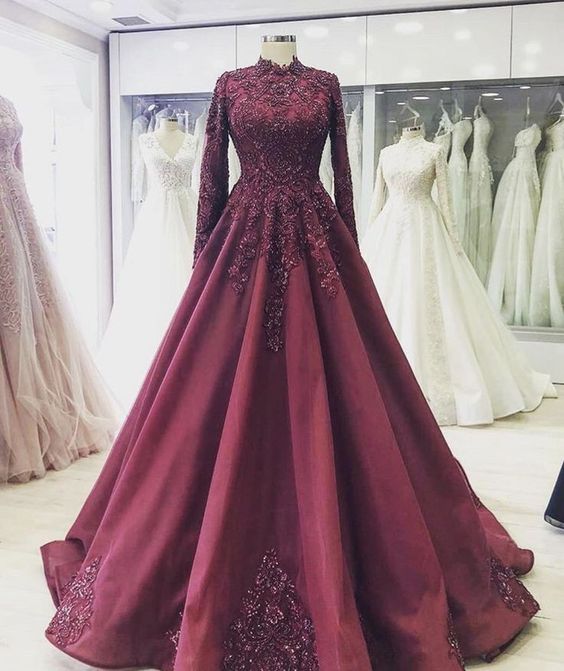 Burgundy Formal Prom Dress, Bridal Dress With Sleeve Evening Dresses on ...