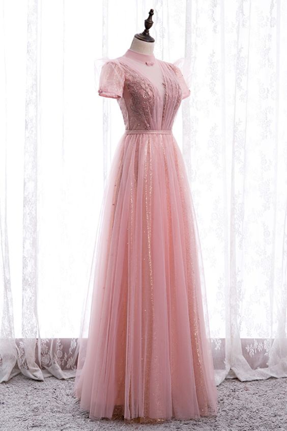 Princess High Neck Pink Long Party Dress on Luulla