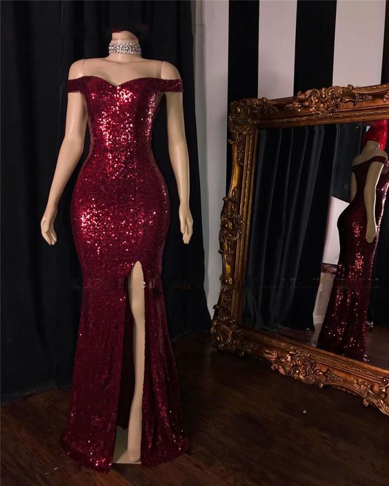 Sequins Prom Dresses, Off The Shoulder Prom Dress, Side Slit Evening ...