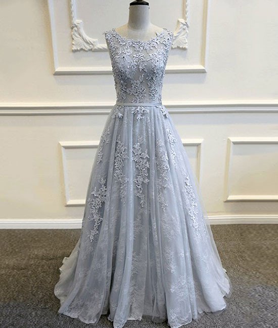 Prom Dresses,a-line Round Neck Tulle Lace Long Gray Prom Dress ...