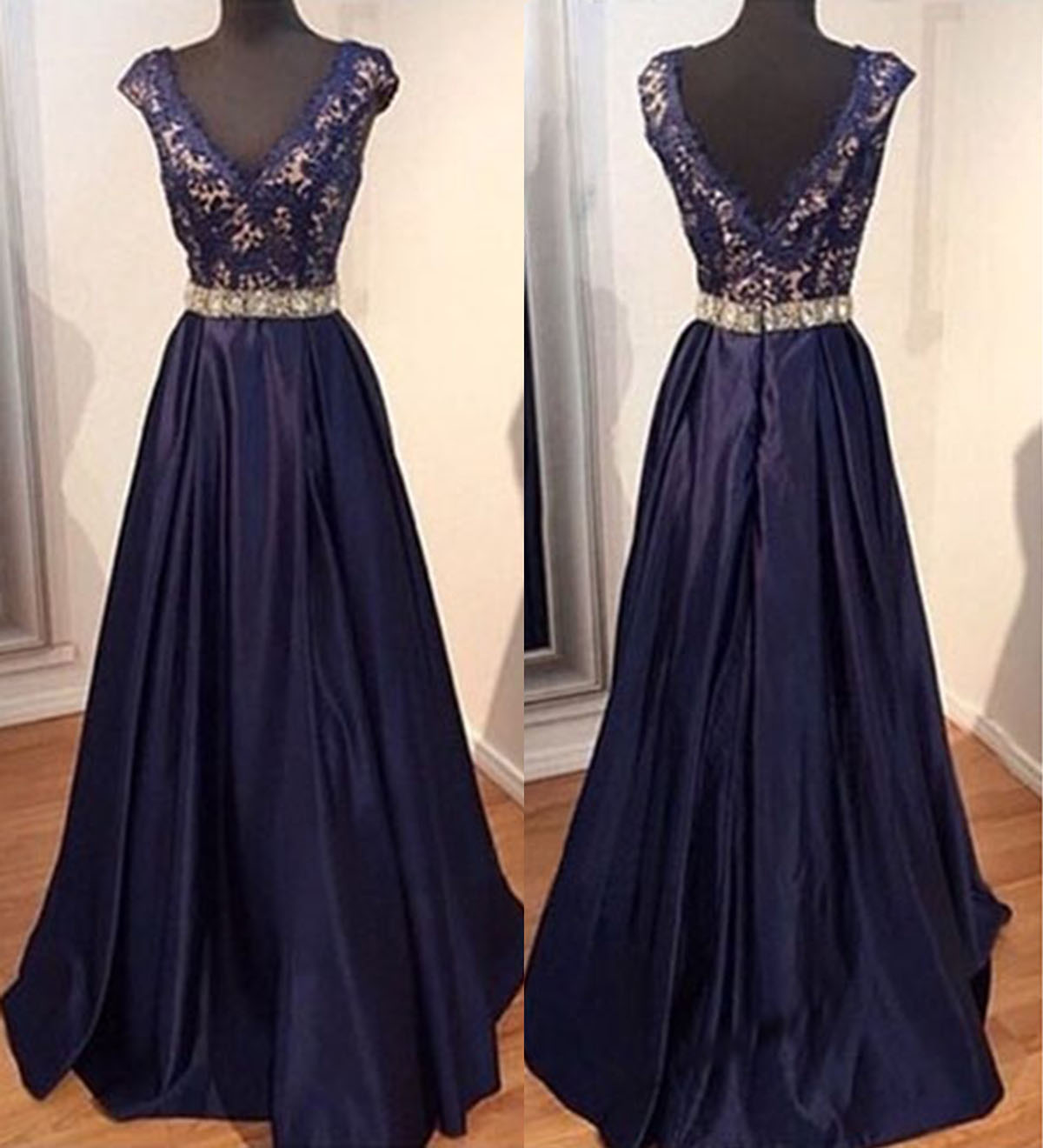 Prom Dresses,sexy Prom Dress,pretty Deep Blue Satin Appliques V-neck ...