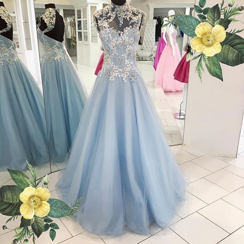 Sexy Prom Dressessleeveless Appliques Lace Tulle Ball Gownlong Evening Dresselegant Formal